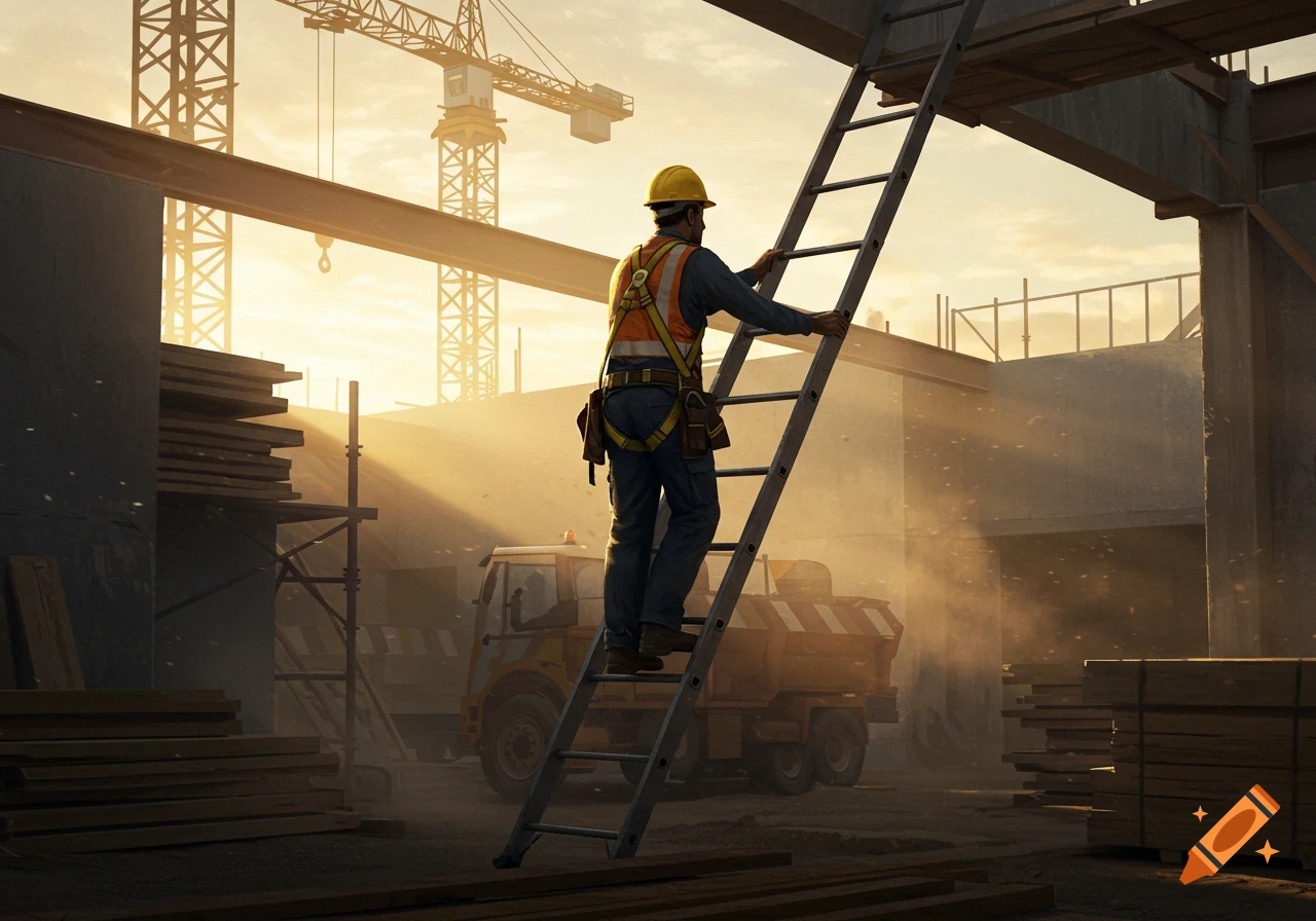 Photorealistic image of a construction worker climbing a ladder at a dusty construction site ...