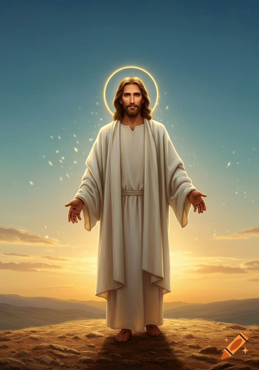 Realistic depiction of Jesus Christ with a halo, wearing a white robe ...