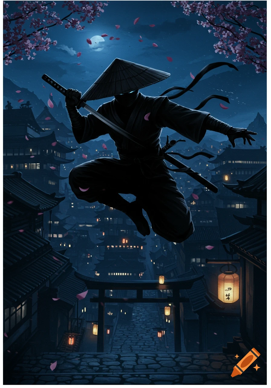 A dynamic digital illustration of a harengon ninja leaping across ...