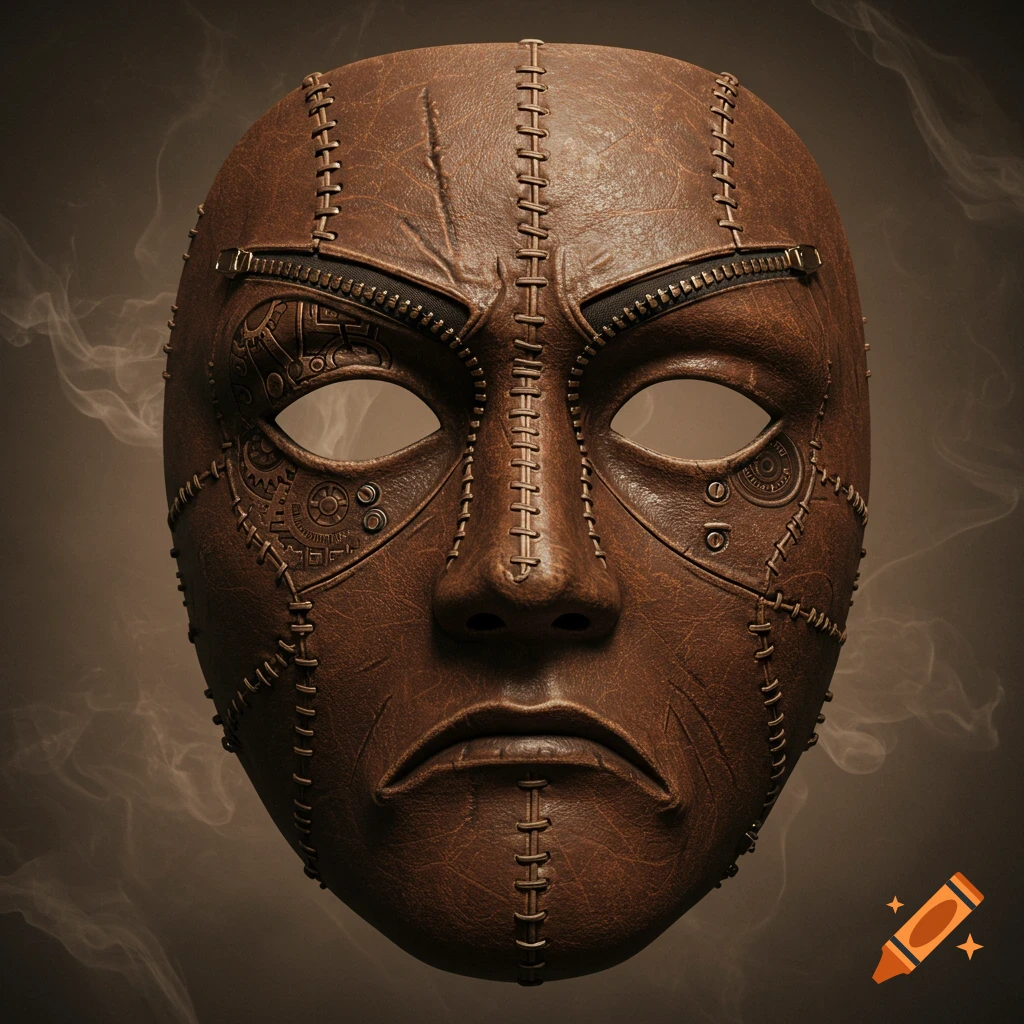 An ornate blue tribal-style mask with patterns, glowing against a ...