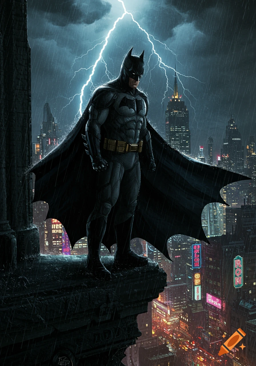 Batman stands on a gothic rooftop at night with pigeons, overlooking a ...