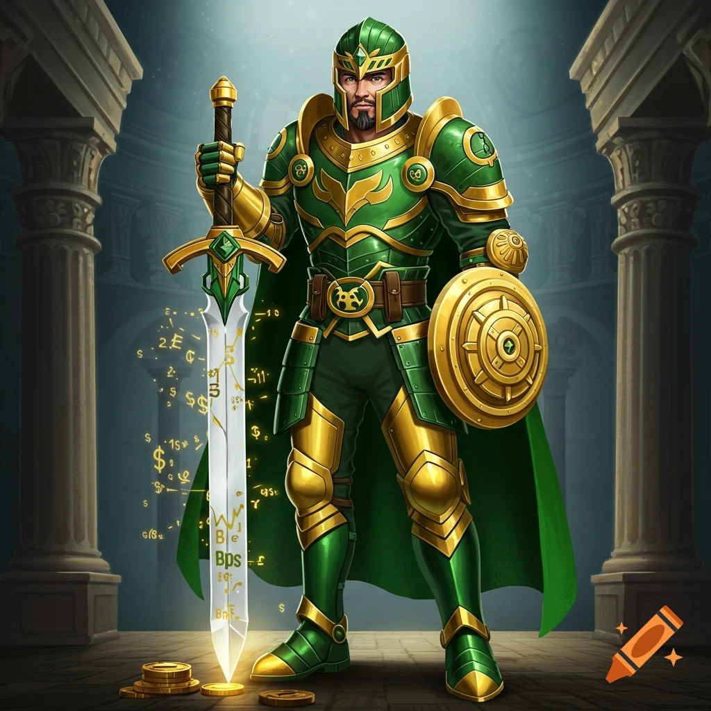 A monumental mechanical triceratops god holds glowing green crystals ...