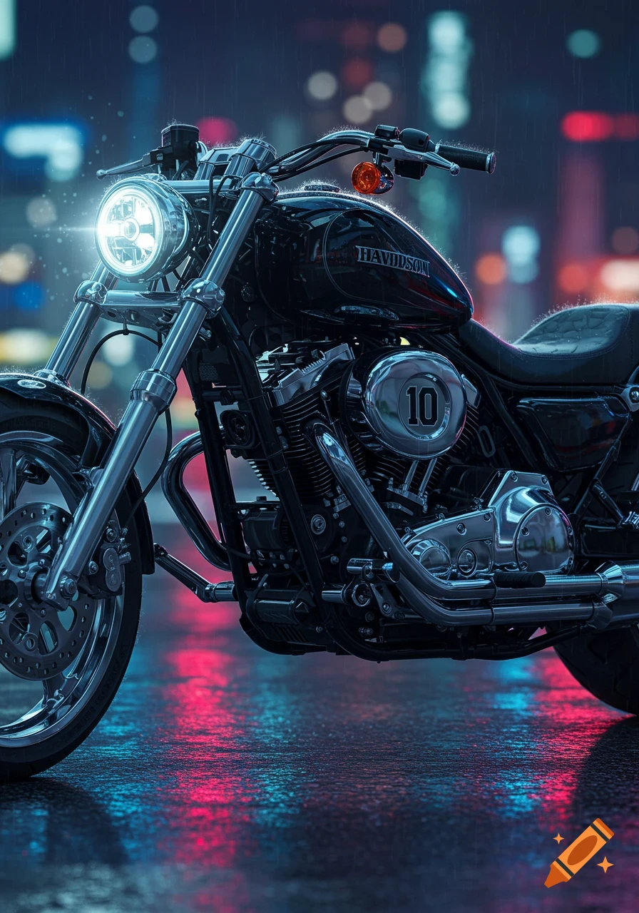 A dark red Honda motorcycle parked on a wet city street at night, with ...