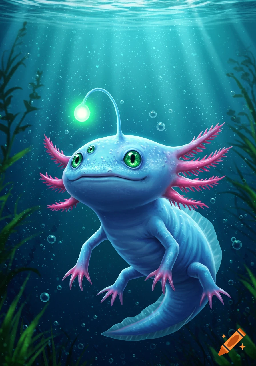A cute blue axolotl-like creature with pink limbs, multiple green eyes ...