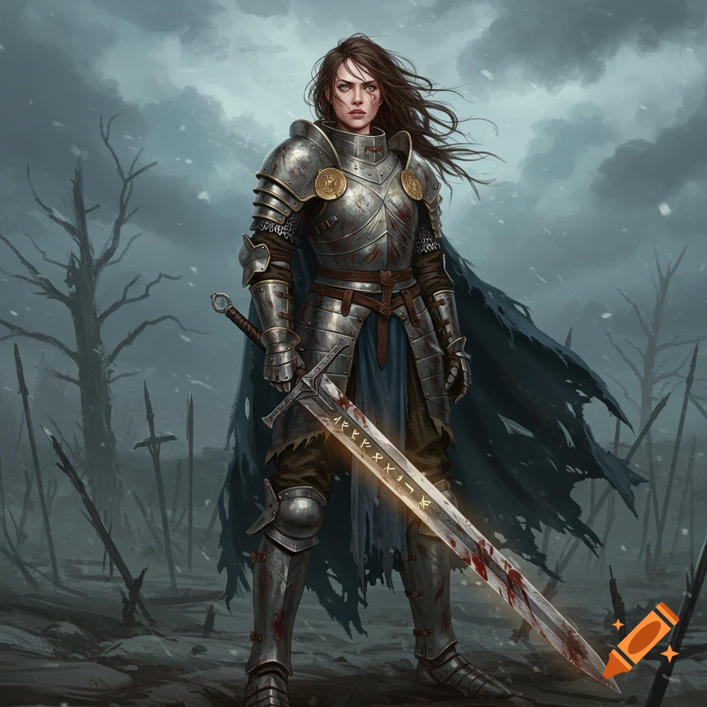 A woman in shining medieval armor walks on a cobblestone path, holding ...