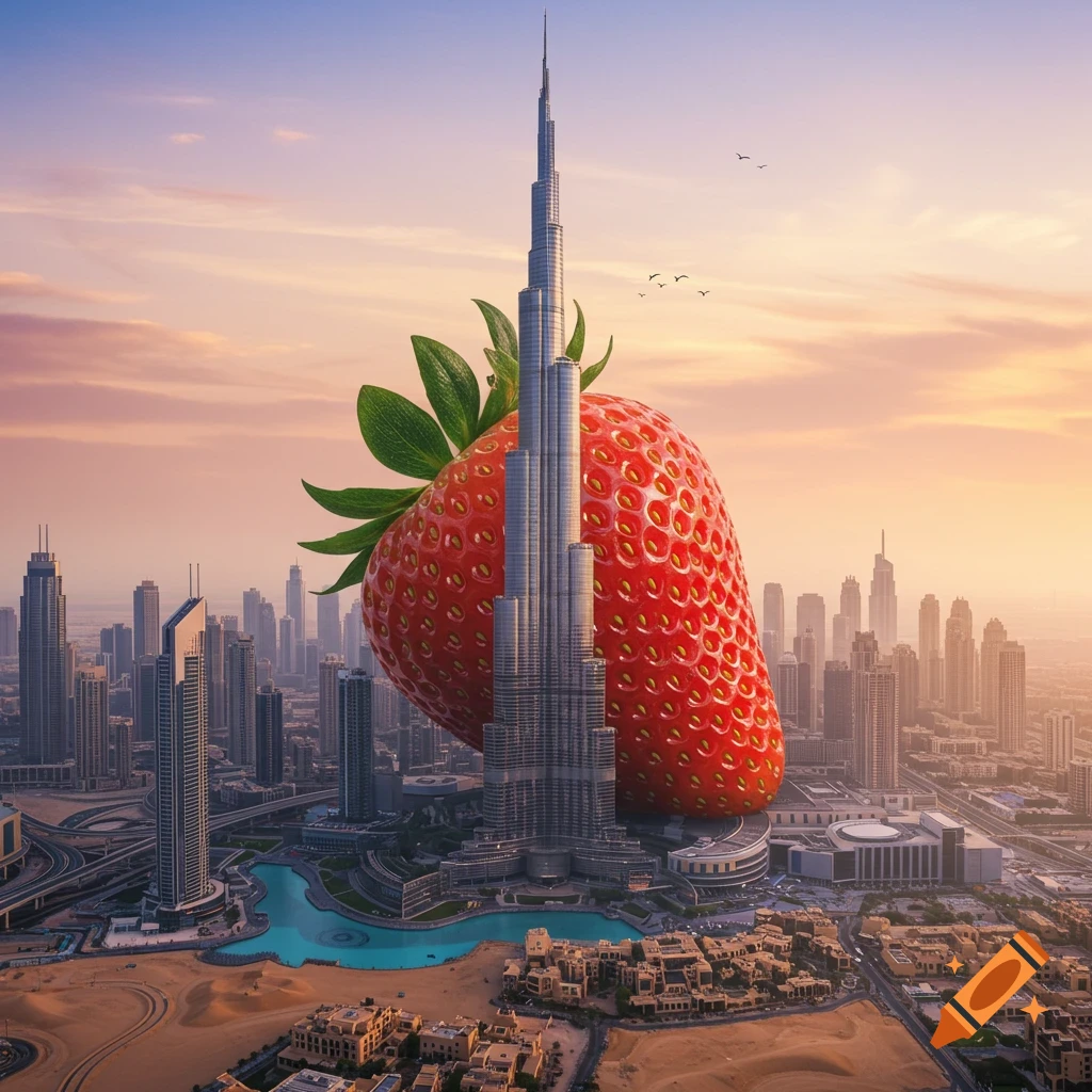 A gigantic, photorealistic strawberry stands next to the Burj Khalifa ...