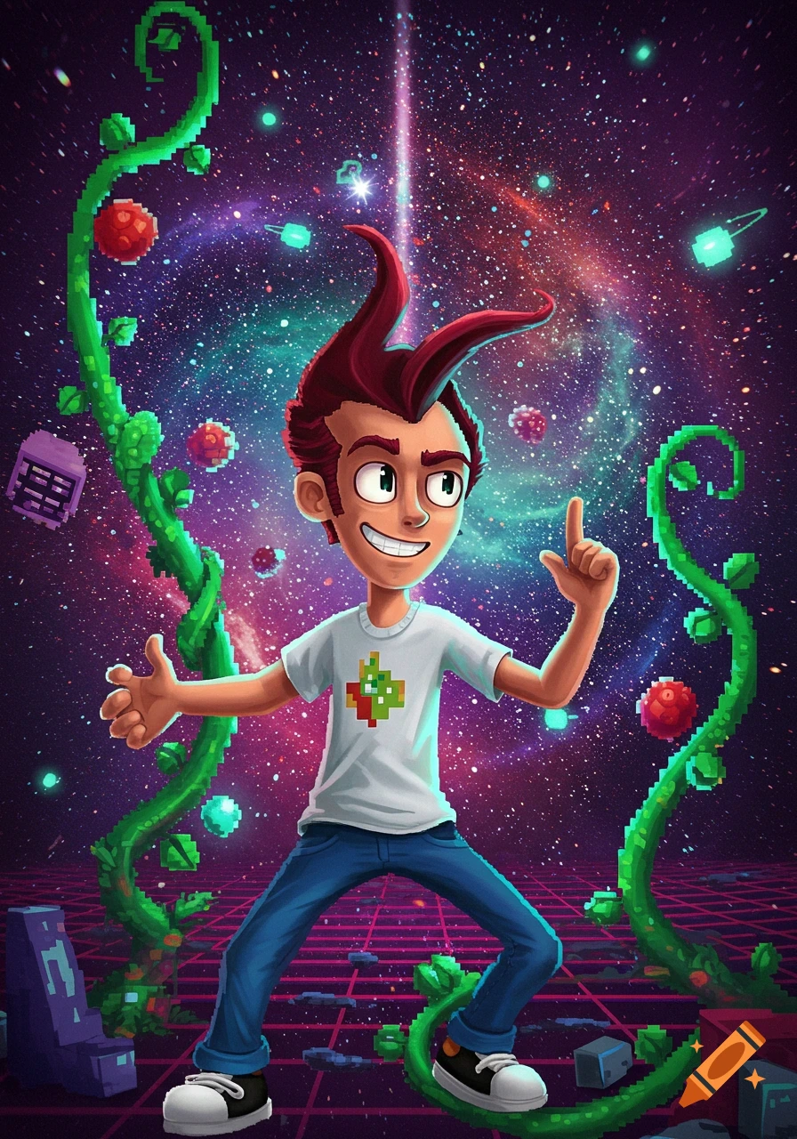 A stylized cartoon boy, resembling Jimmy Neutron, smiles while ...