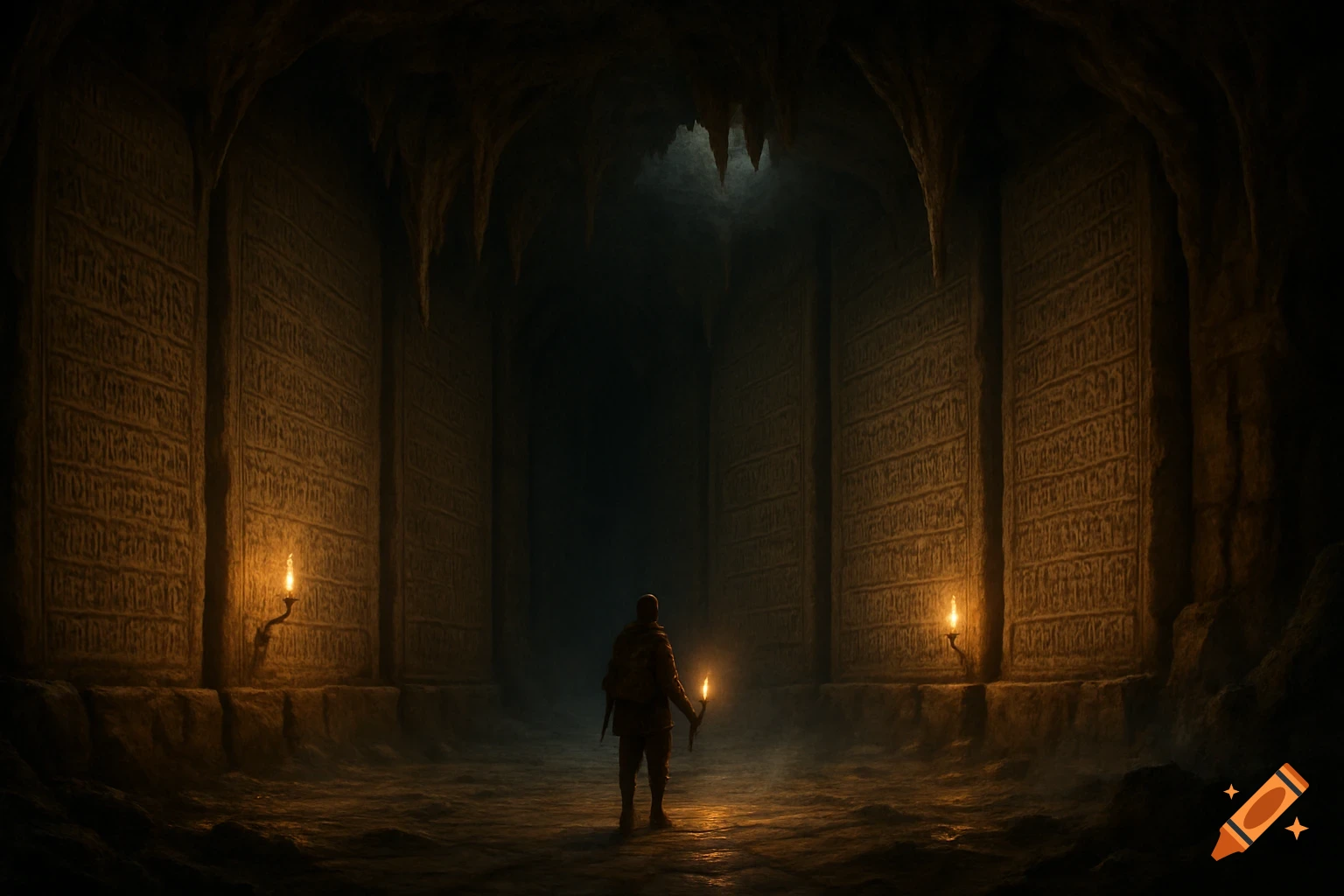 Dimly lit, arched stone wine cellar with rows of wooden barrels, a ...