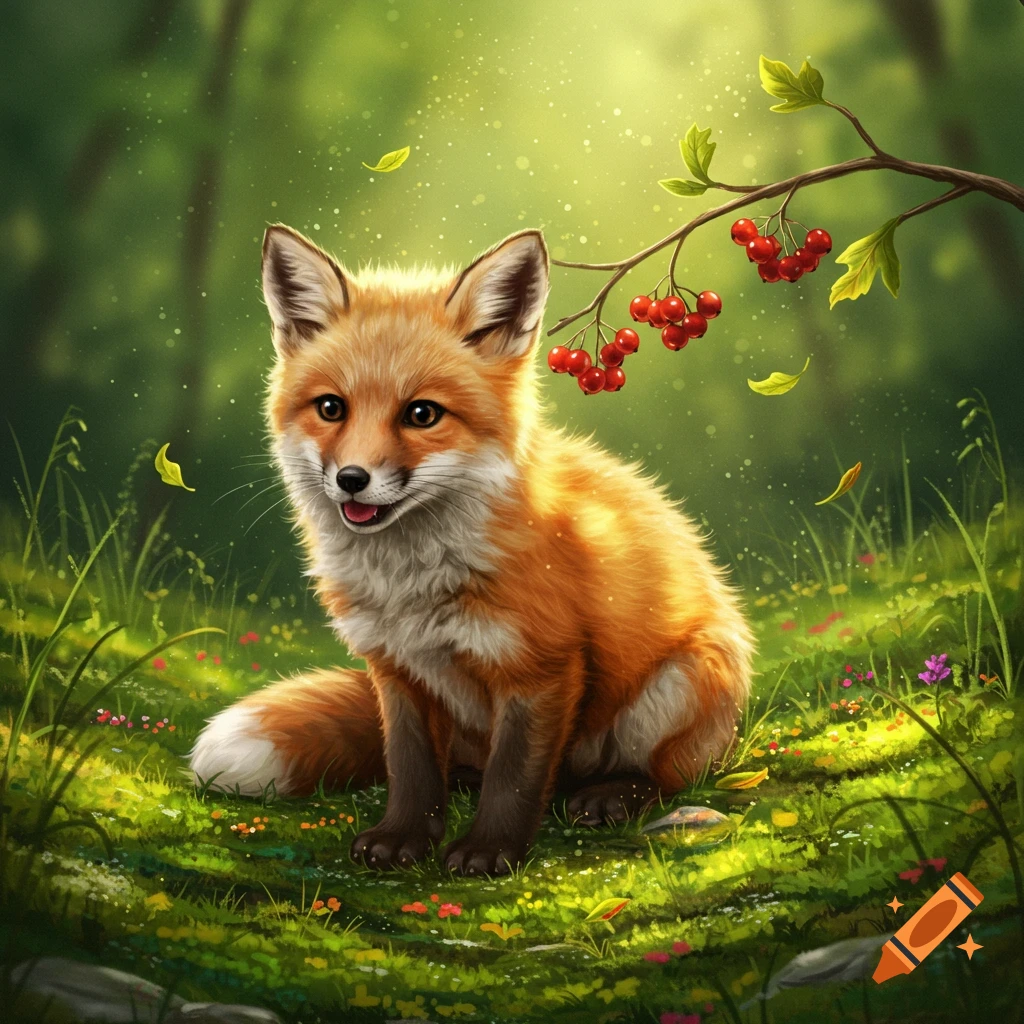 A cute orange and white fox sits in a vibrant green forest, looking ...