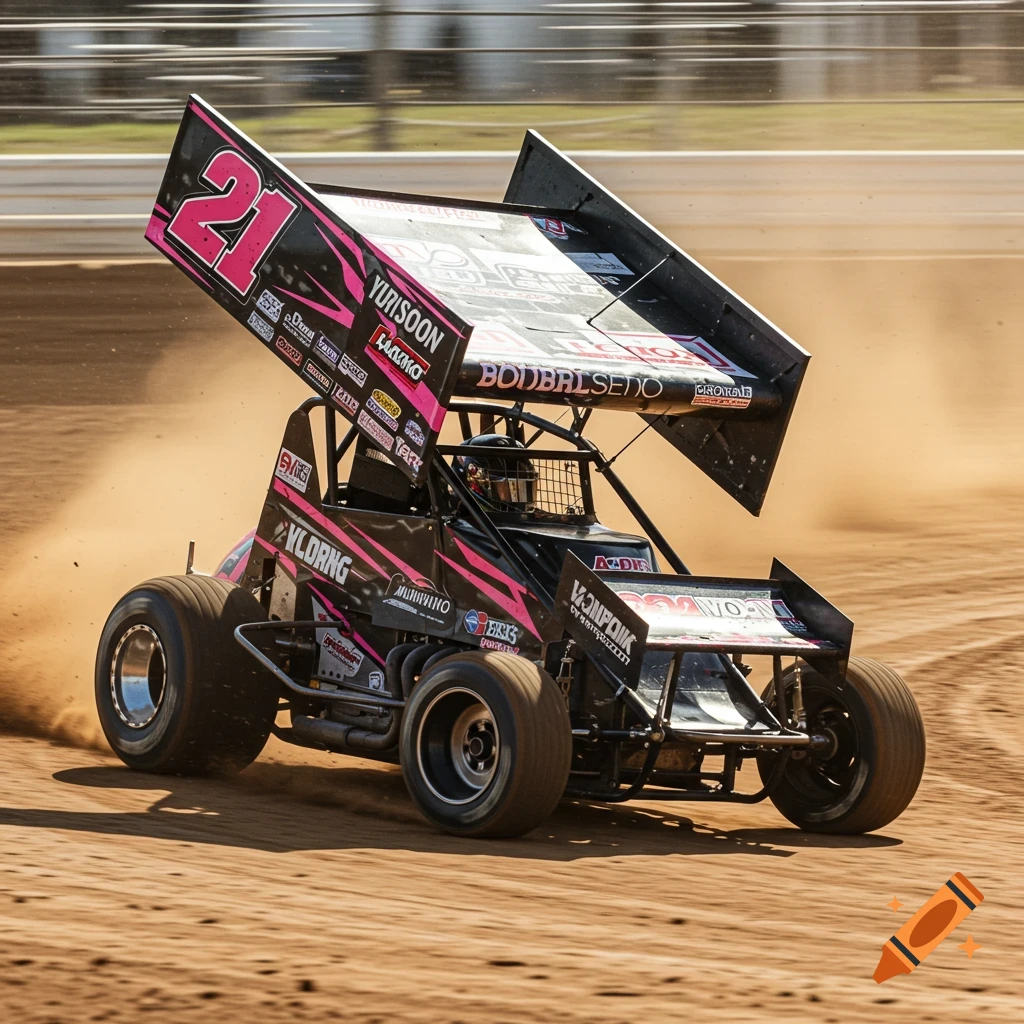 A black and pink wingless 600 micro sprint car with the number 21 races ...
