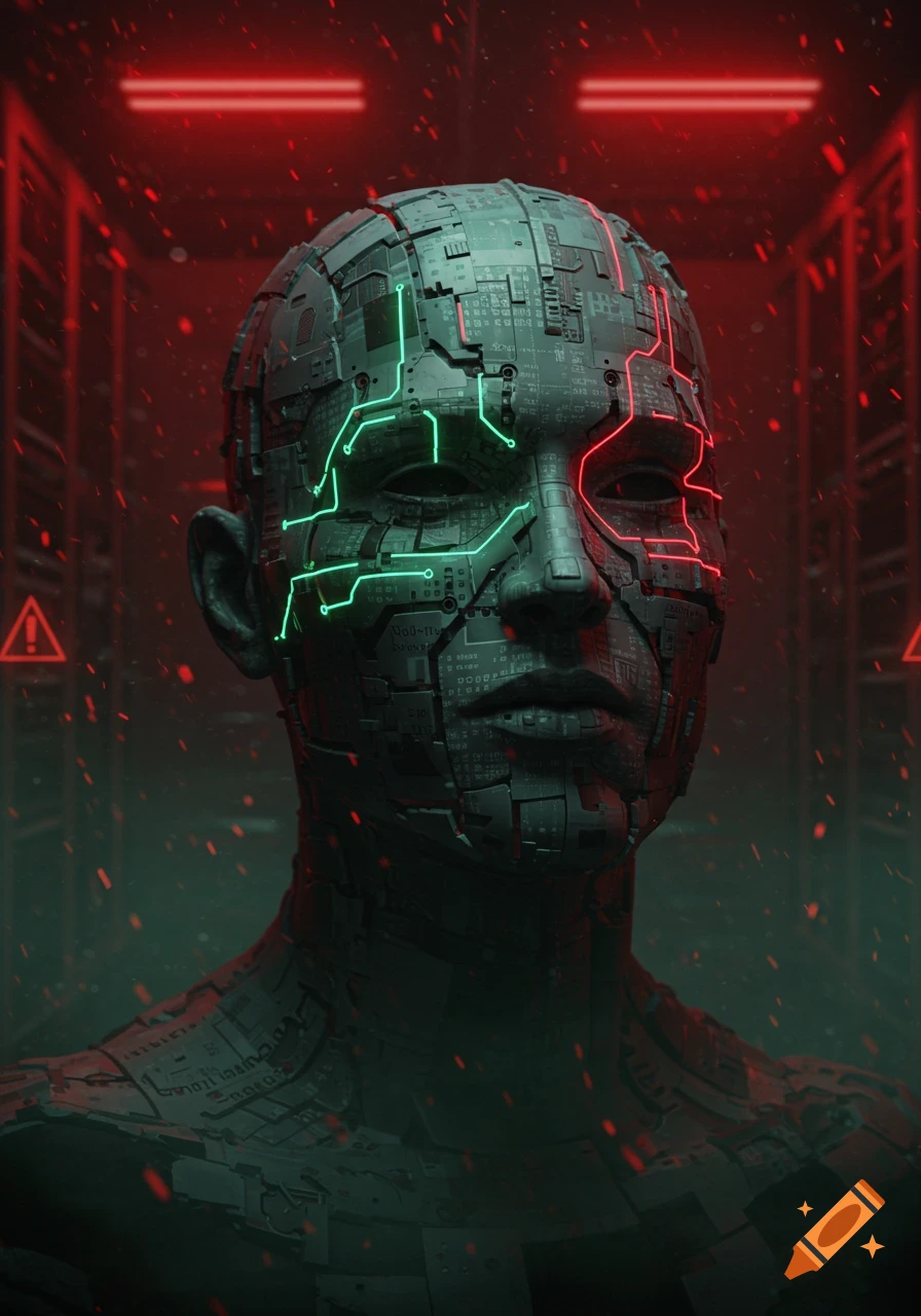 A cyborg's head, made of dark circuit board pieces, glows with green ...