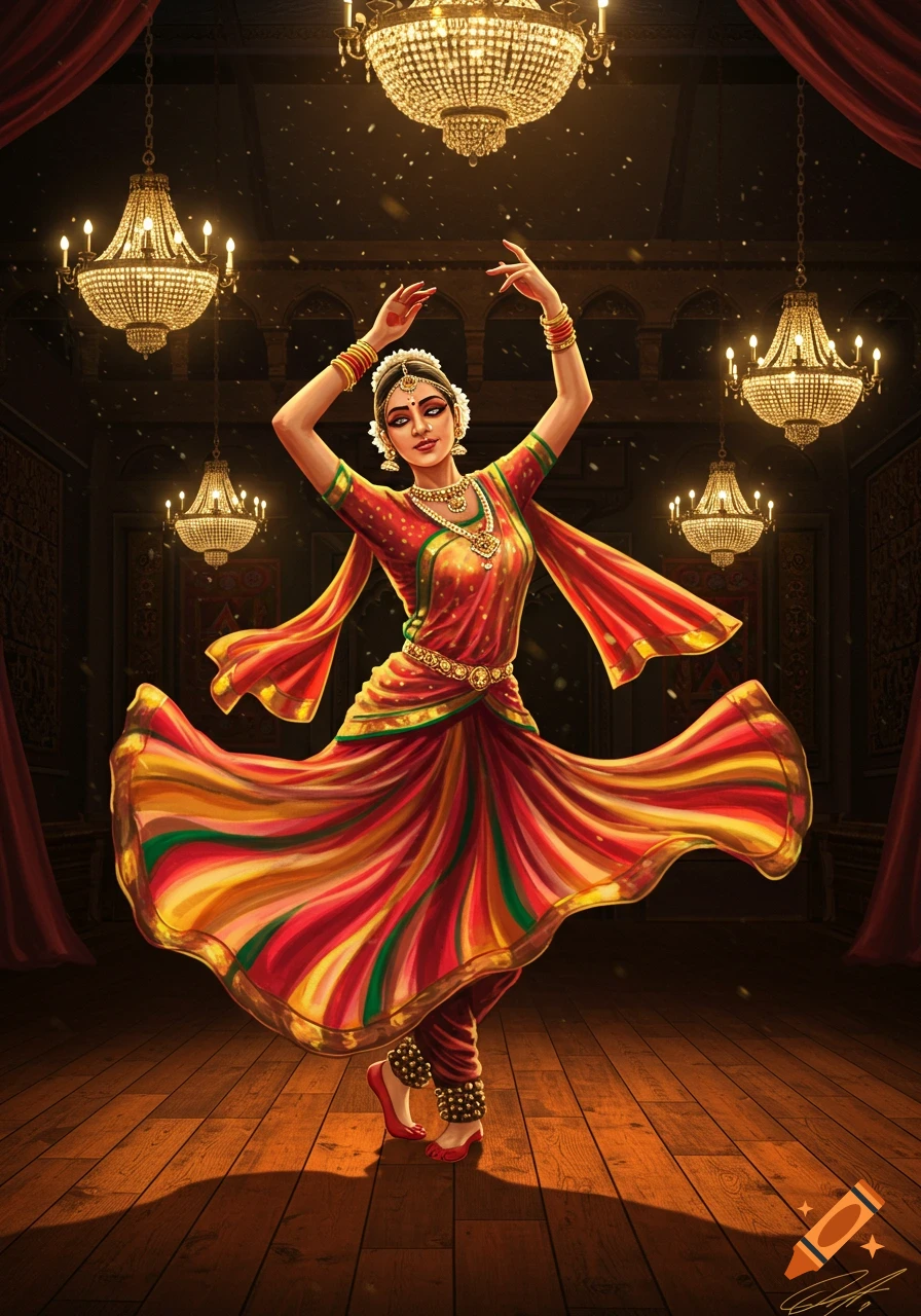 Vibrant illustration of a woman in traditional Indian attire performing ...