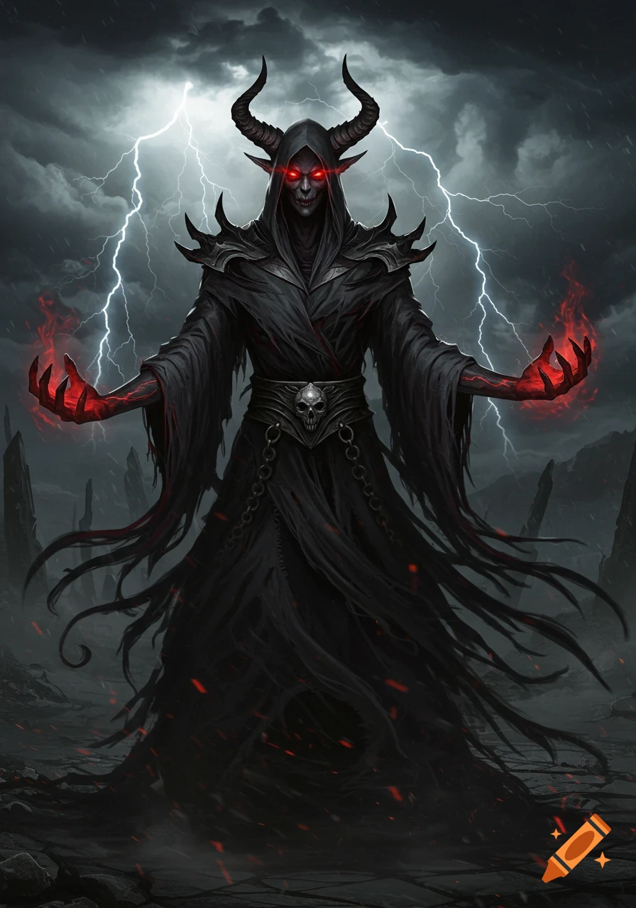 A horned demon in dark robes with glowing red eyes and hands, summoning ...