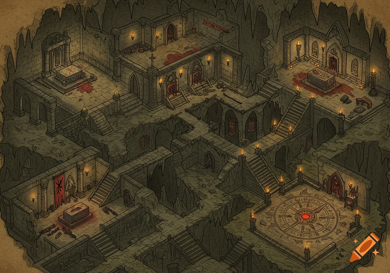 A top-down isometric view of a dark, rusty, stone dungeon map with ...
