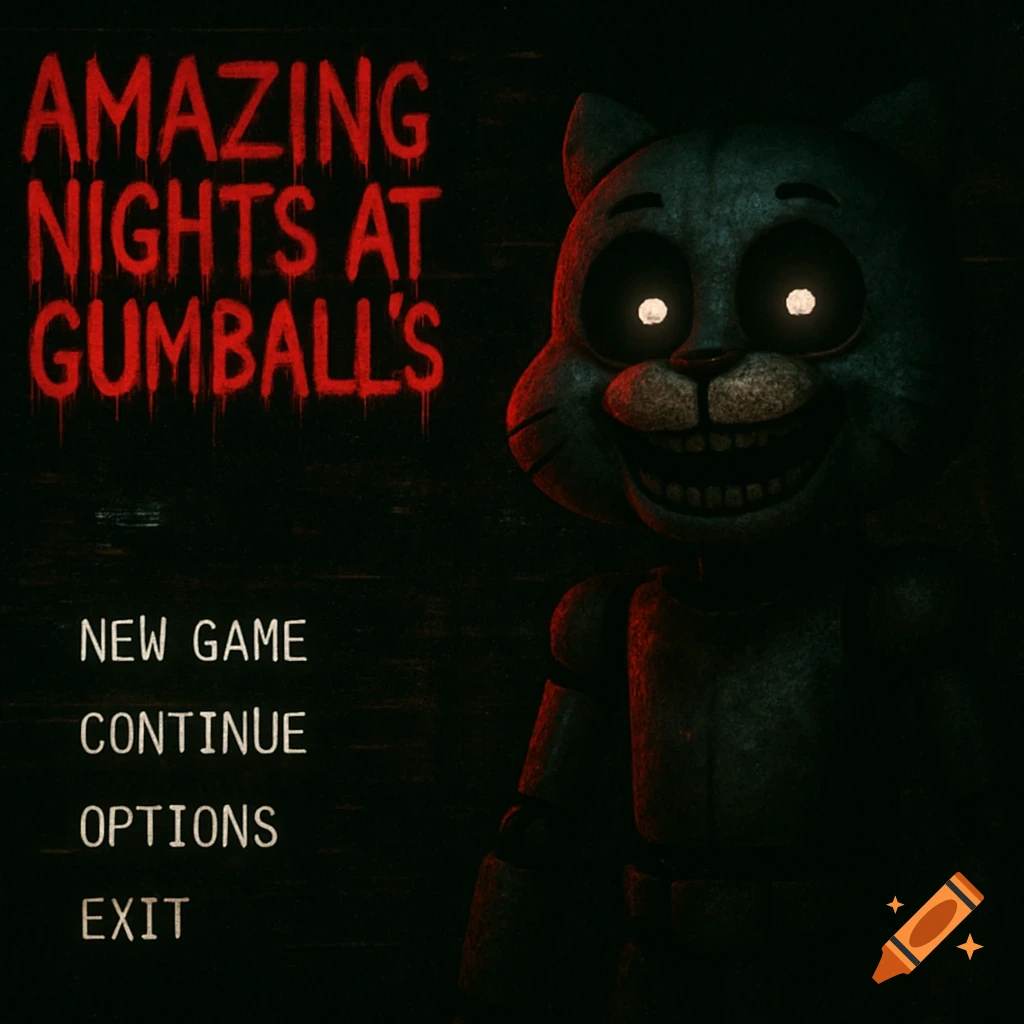 A dark horror video game menu screen featuring a creepy animatronic cat ...