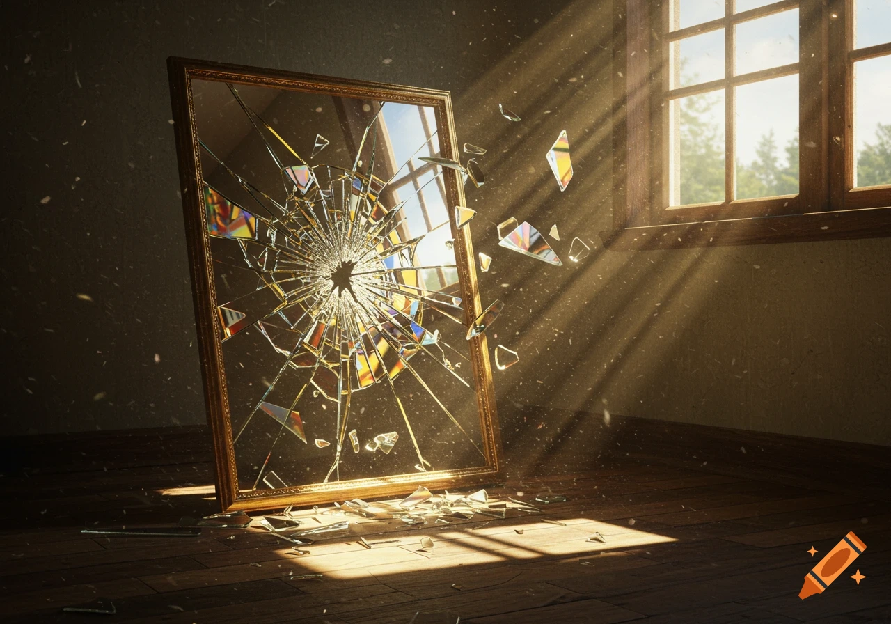 A photorealistic shattered mirror stands on a wooden floor in a dim ...