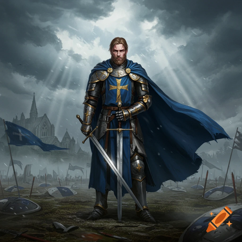 A blond male knight in blue and gold armor with a cape and sword ...