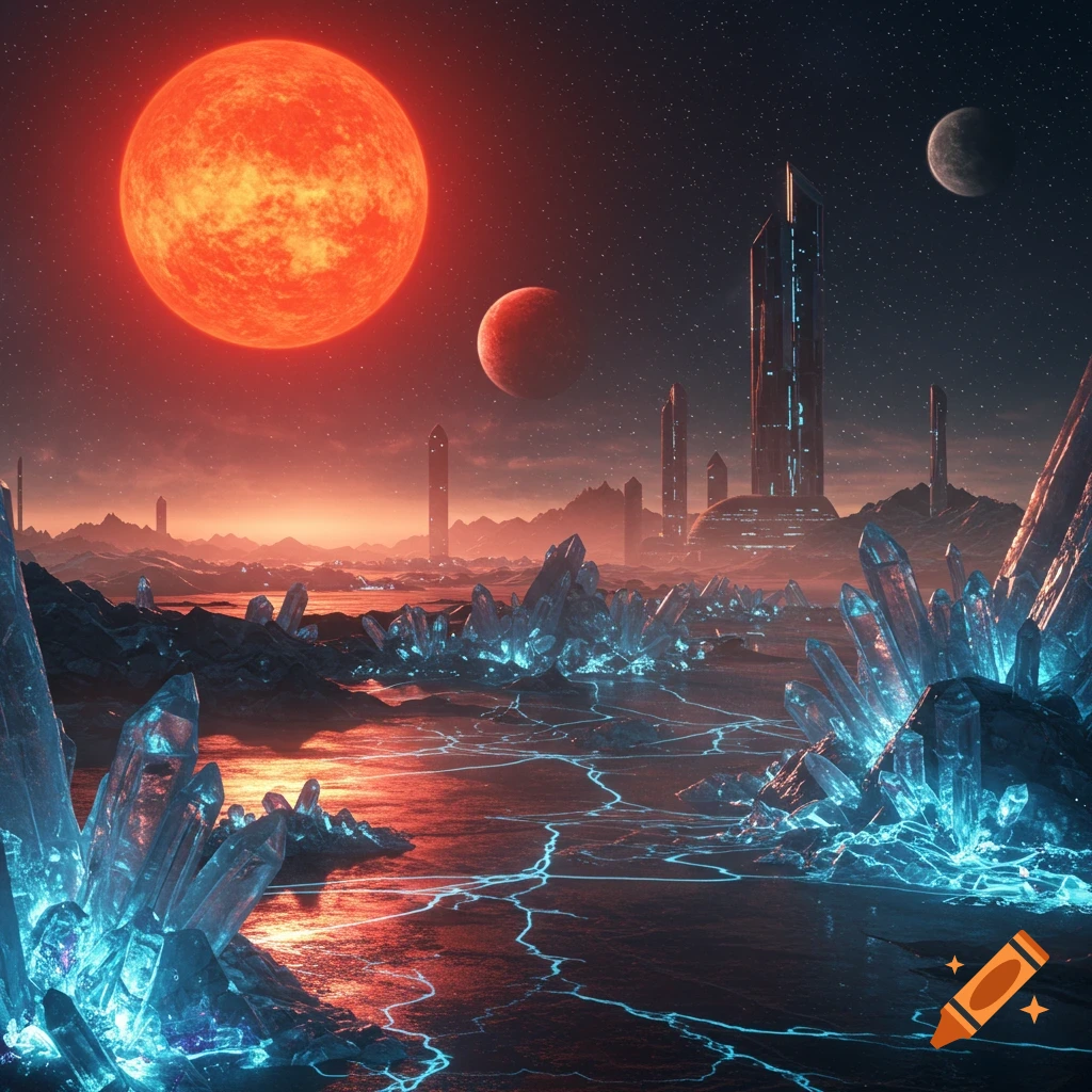 A vibrant red-orange Martian landscape under a starry sky, with two ...