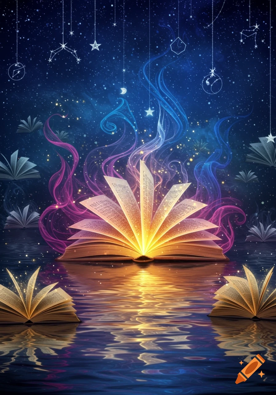 An open book with glowing pages sits on water, reflecting light, surrounded by mystical pink and ...