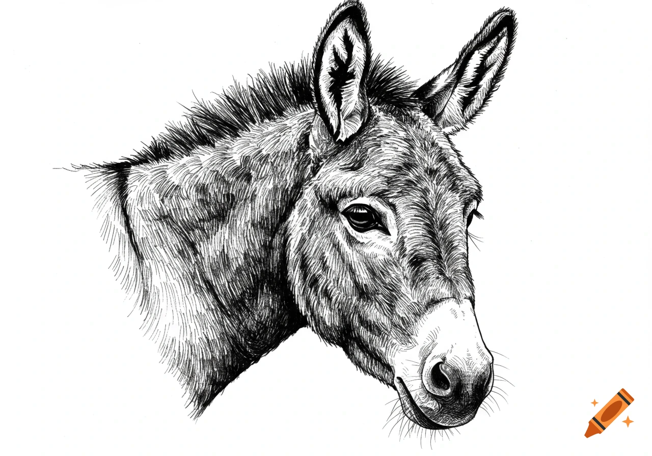 Detailed black and white ink drawing of a donkey's head looking to the ...