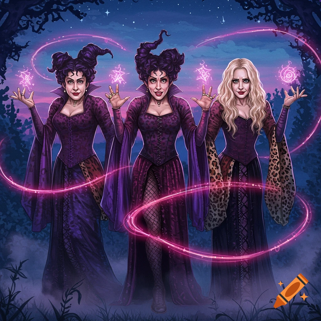 Three dramatic witches in long robes cast green spells on a cobblestone ...