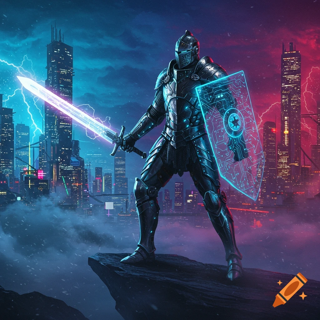A cyberpunk warrior in glowing neon armor holds a futuristic katana and ...