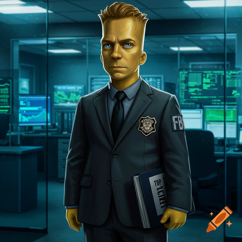 Illustration of a muscular FBI agent with a mustache, tattoos, and a ...