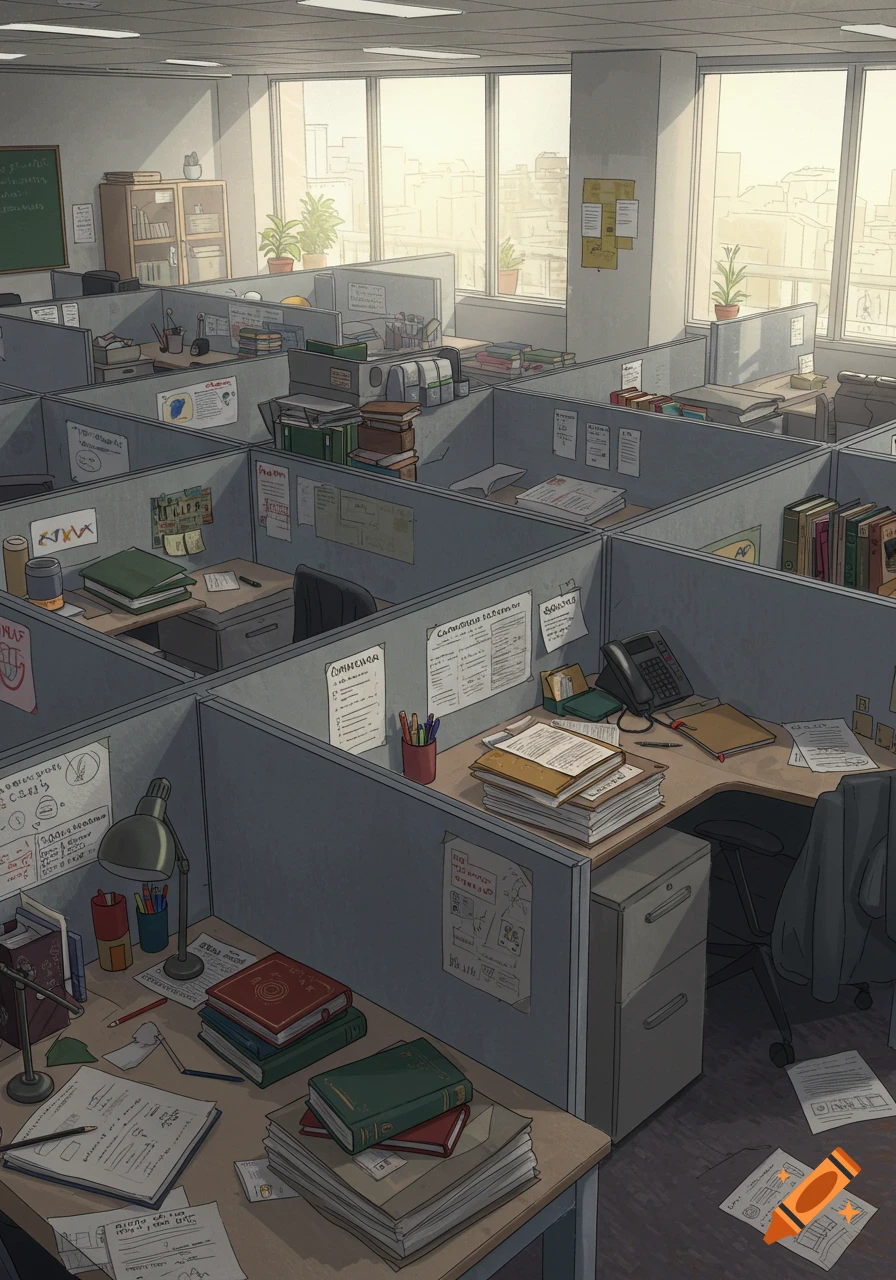 Vertical view of a large, empty modern office bullpen with rows of ...