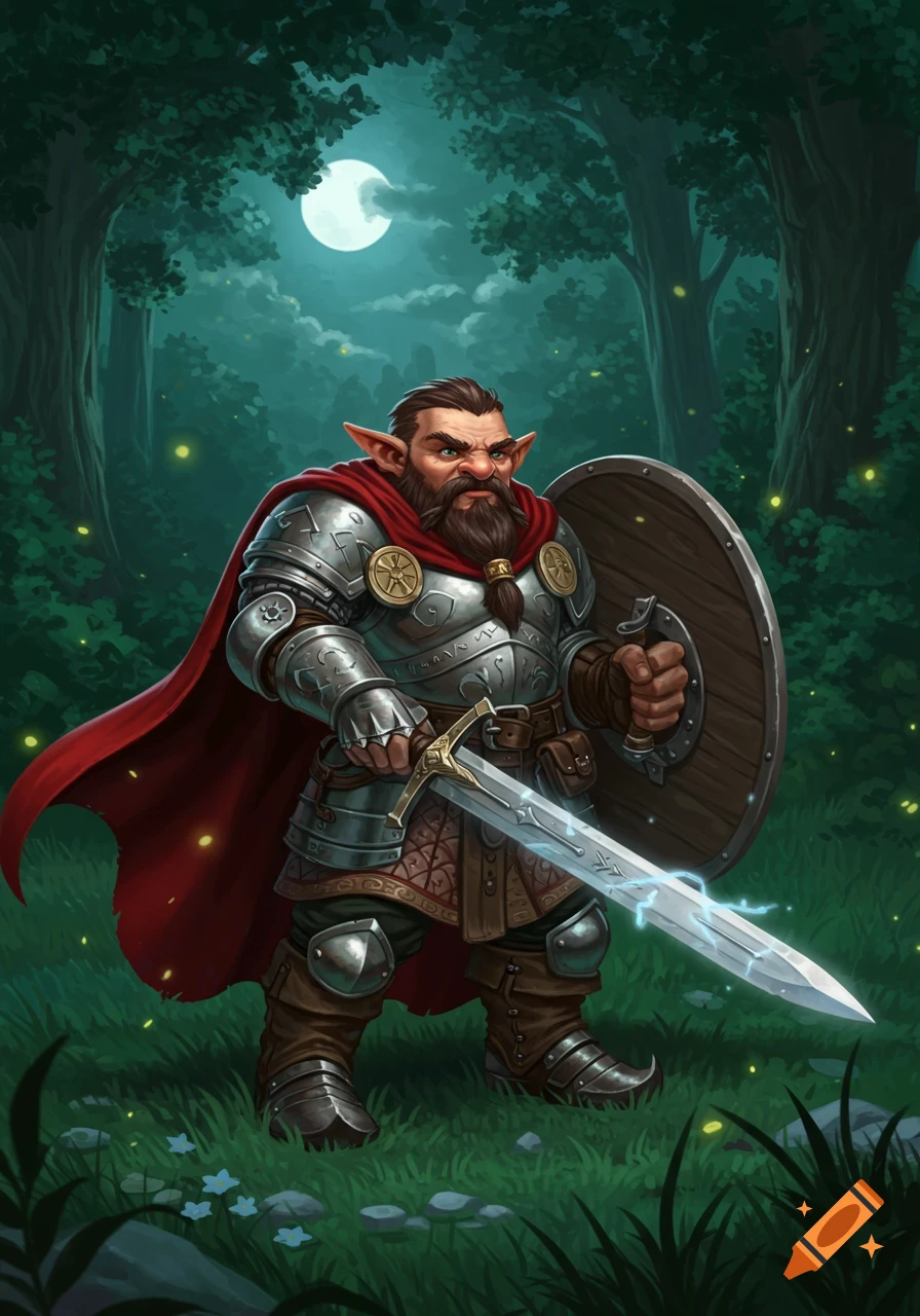 A fierce gnome fighter in ornate silver armor and a red cape stands in ...