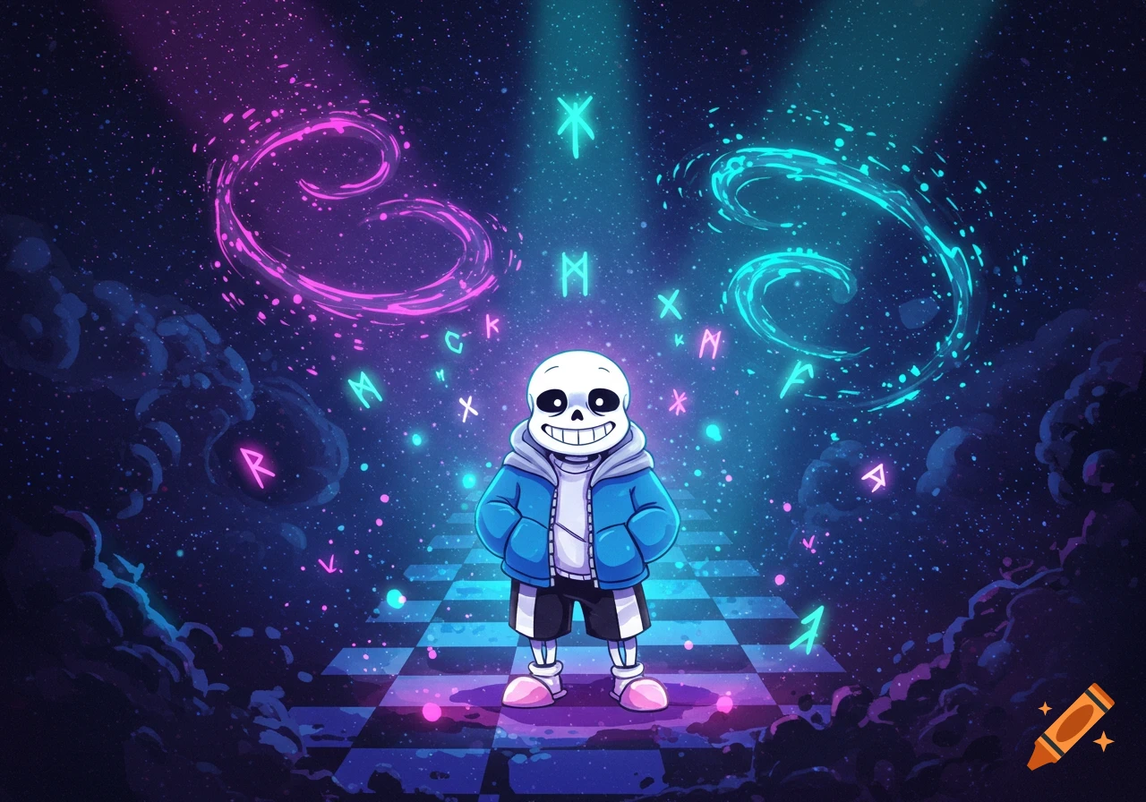 Sans from Undertale in a powerful form with blue lightning and glowing ...