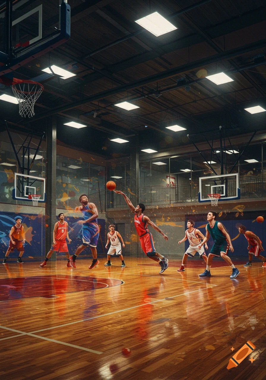 A photorealistic action shot of a basketball floating mid-air on a ...