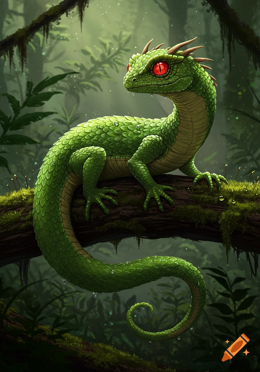 A vibrant green and blue snake-lizard creature with golden eyes coils ...