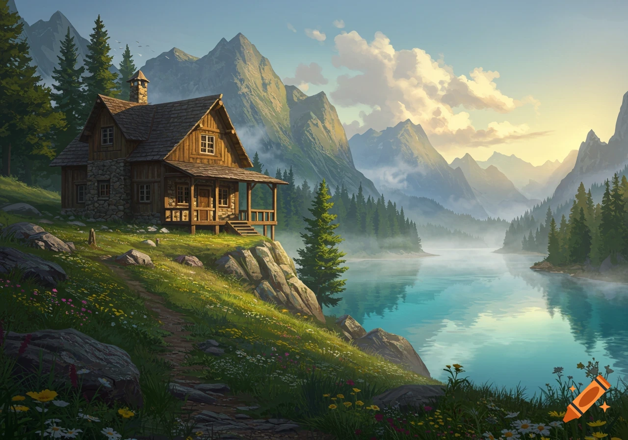 A rustic wooden cabin with a lit porch sits by a calm lake, surrounded ...