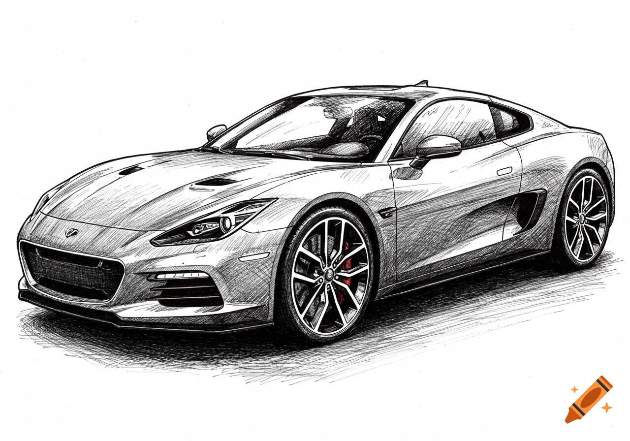 Pen drawing of a sleek silver sports car from a three-quarter view ...
