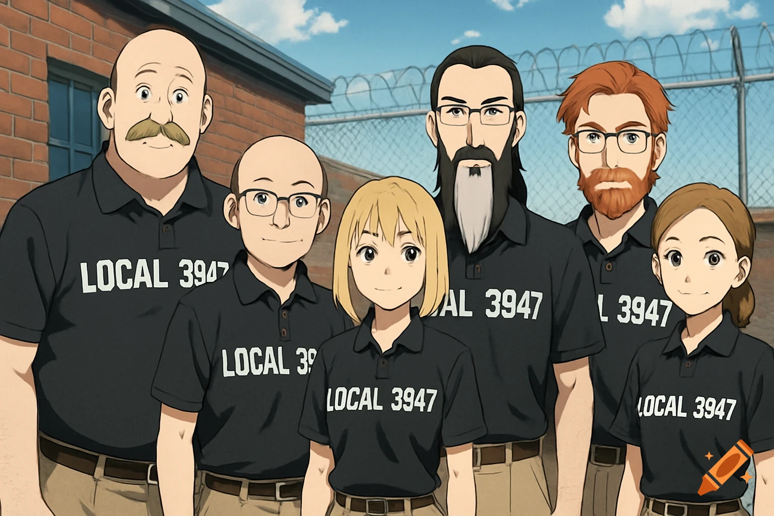 Eight anime-style prisoners, one young woman barefoot, seven buff men ...