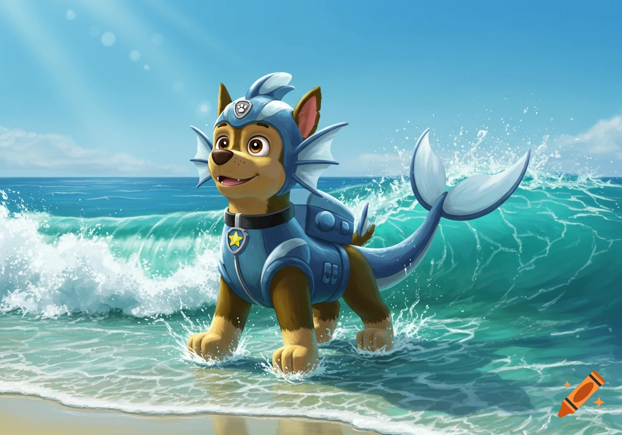Cartoon Chase from Paw Patrol as a water-type Pokemon, splashing in ...