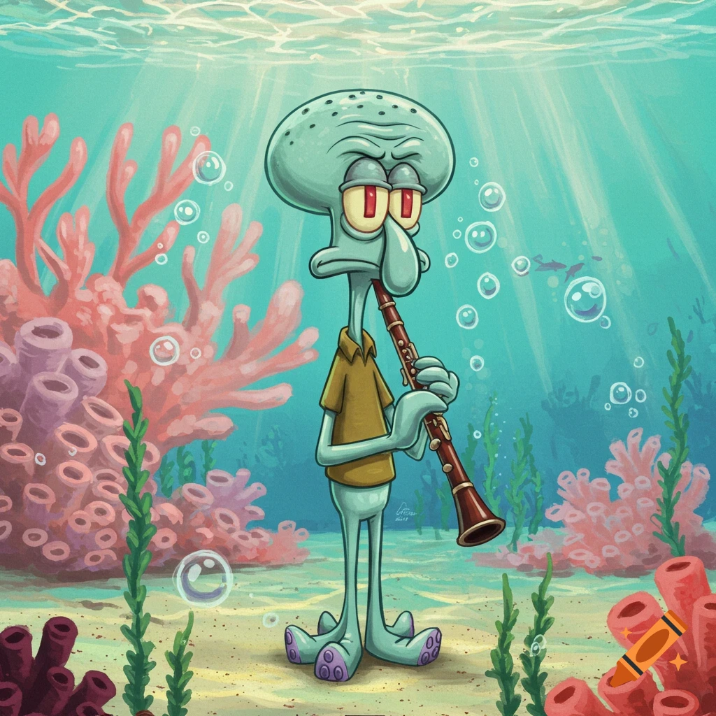 Squidward Tentacles plays a clarinet underwater amidst coral and ...