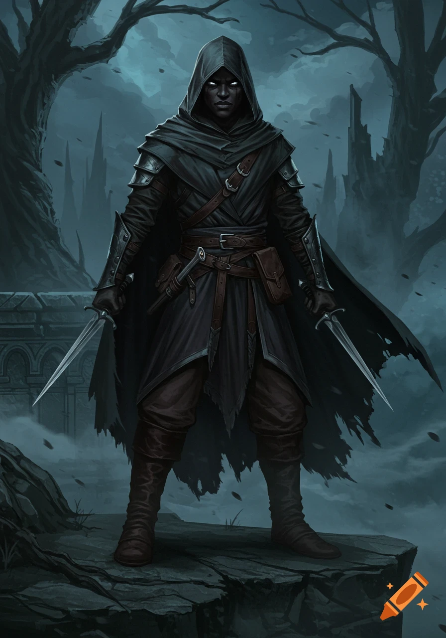 A muscular, hooded beast-man with glowing amber eyes, gray skin, and ...