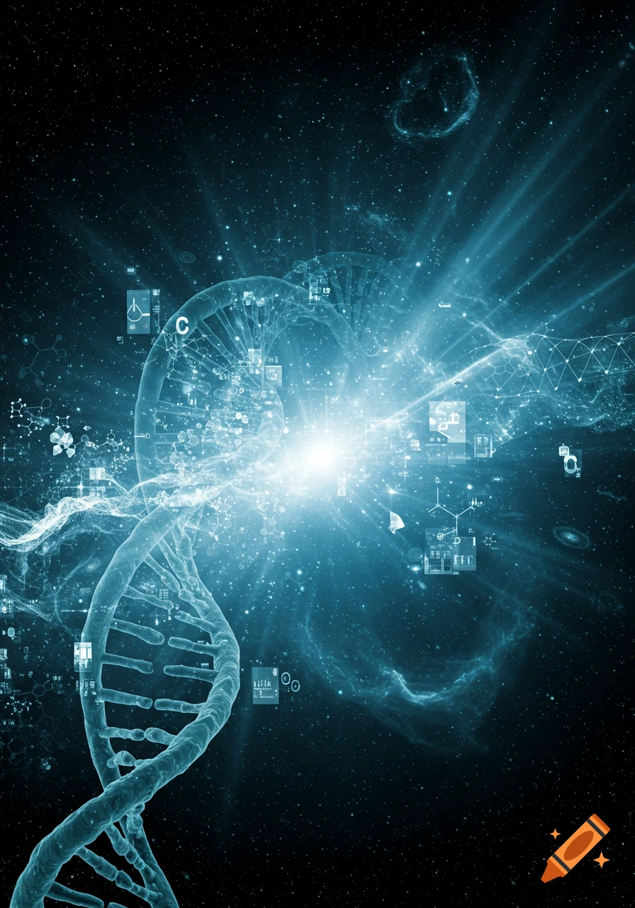 Translucent human figure intertwined with a glowing, colorful DNA helix ...