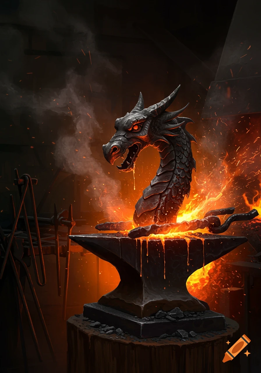 A detailed dark metal dragon head emerges from a glowing, fiery anvil ...