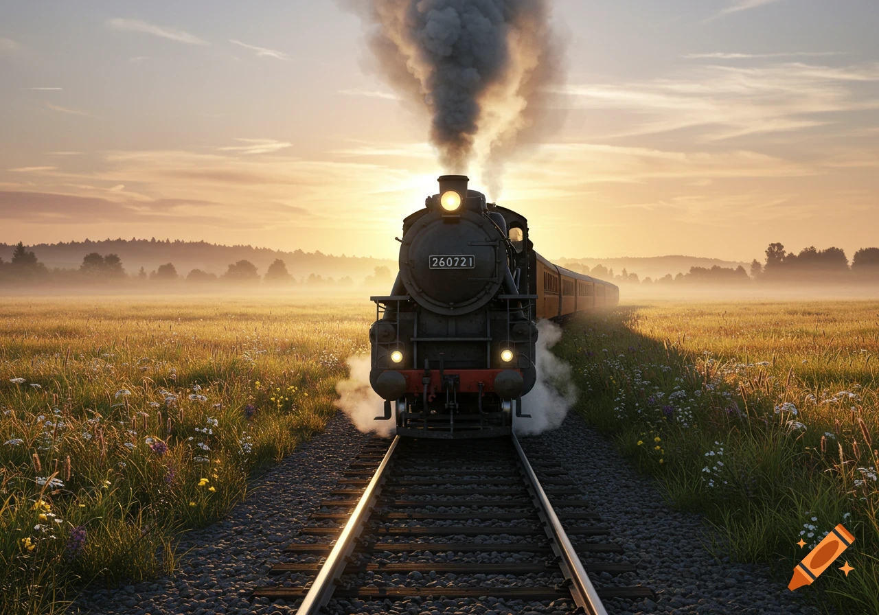 A green steam train named 'Scotsman' races a blue streamlined train ...
