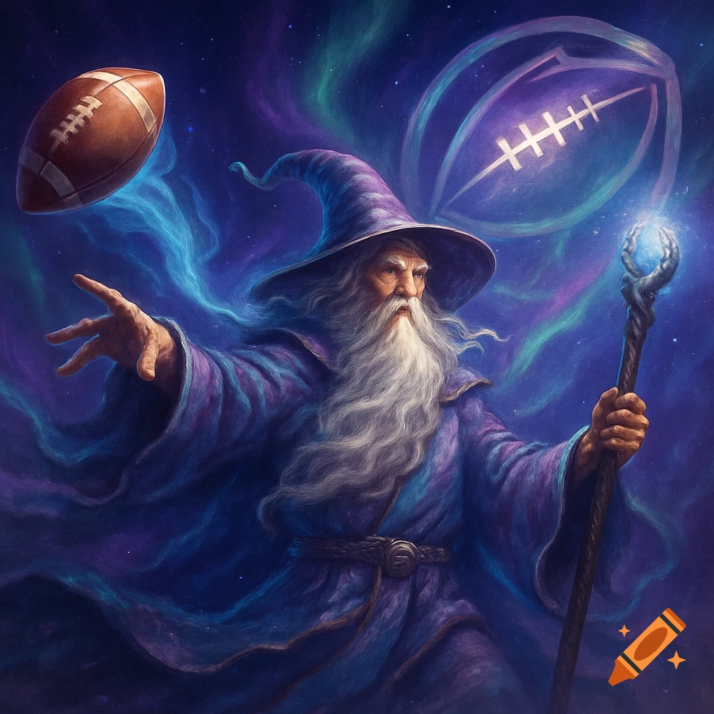 A wizard in purple robes conjures a football in a starry, aurora-lit ...