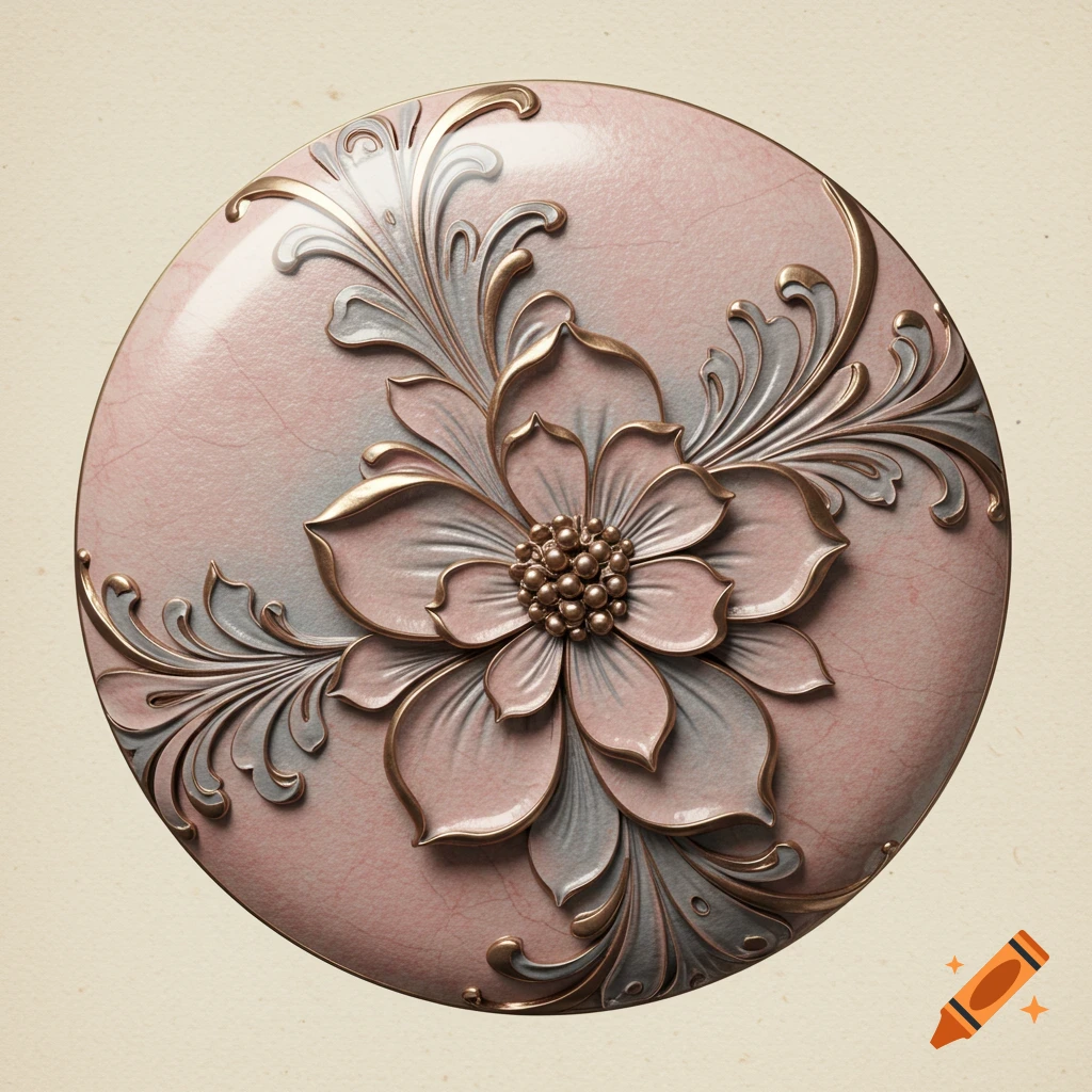 Circular decorative button with a floral relief pattern in blush, pale ...