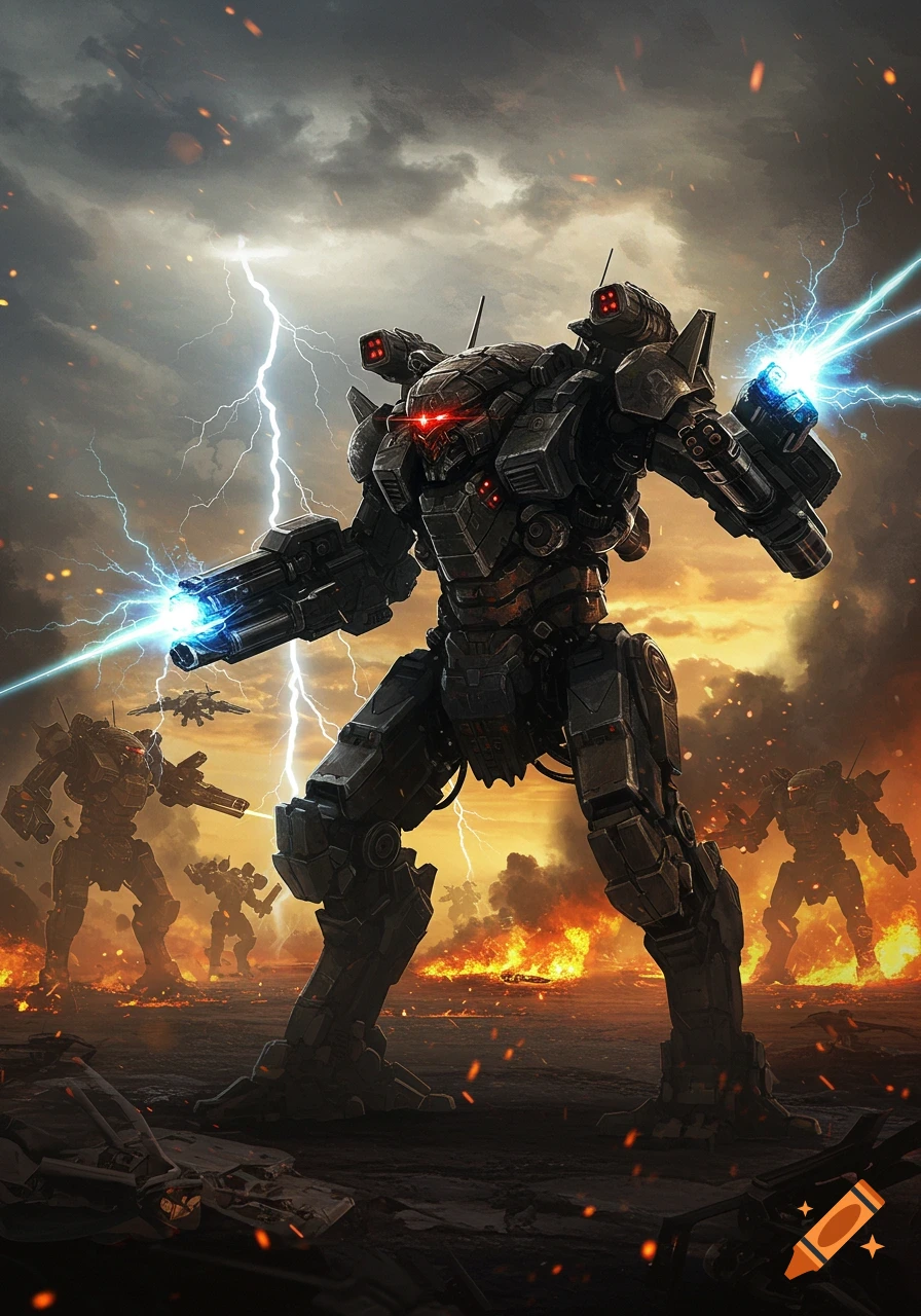 A massive, rusty humanoid robot with glowing blue eyes and sparks ...