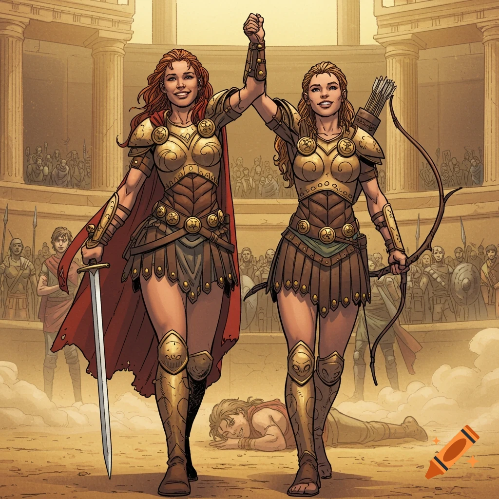 Two victorious women warriors in golden armor, one with a sword and the other with a bow, stand ...