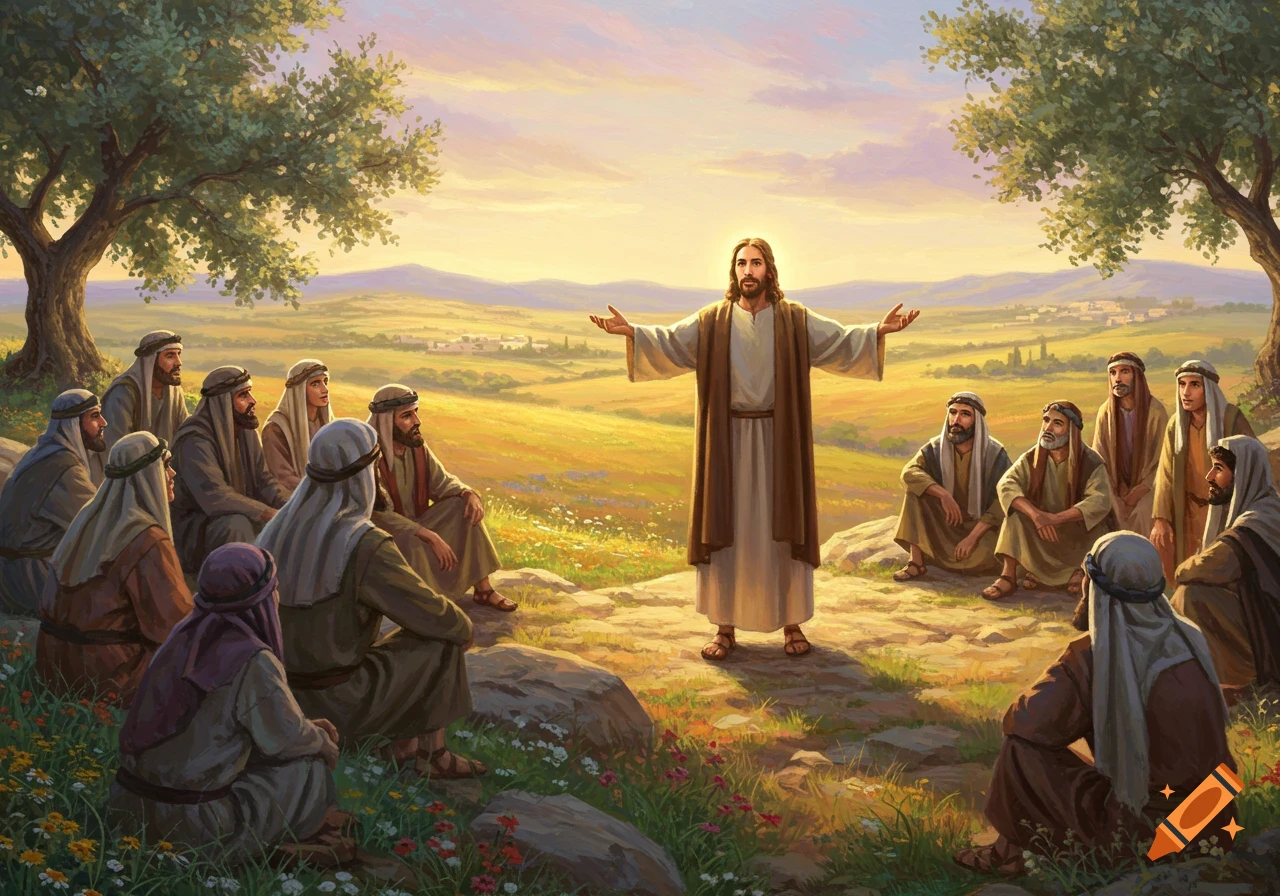 Jesus preaches to disciples on a sunlit grassy hillside, with trees and ...