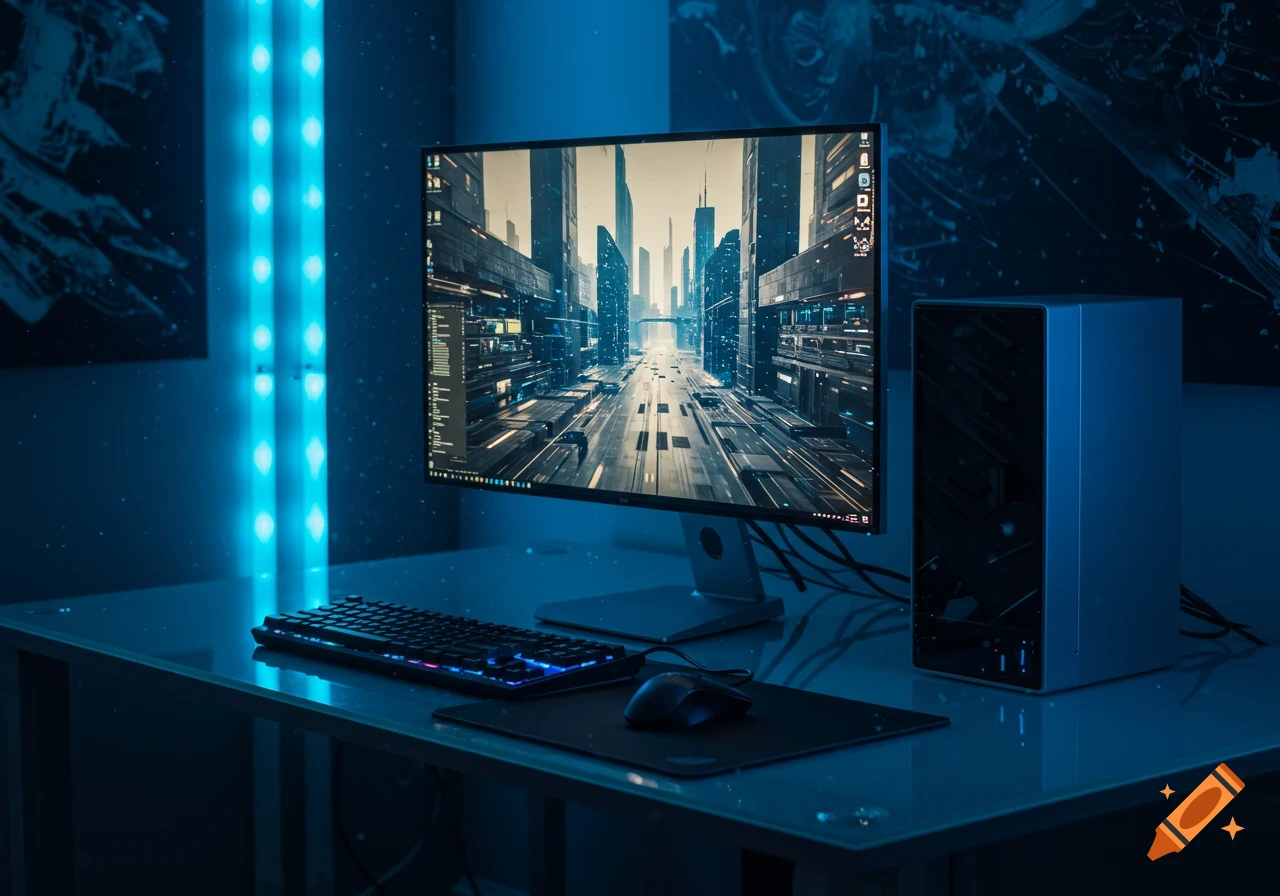 A futuristic computer setup in a dark room with blue lighting. The monitor displays a sci-fi ...