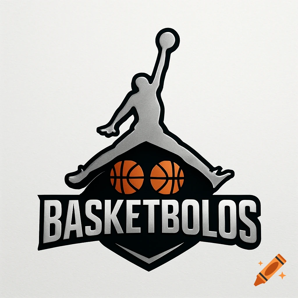 A basketball logo featuring a silver silhouette of a person dunking ...