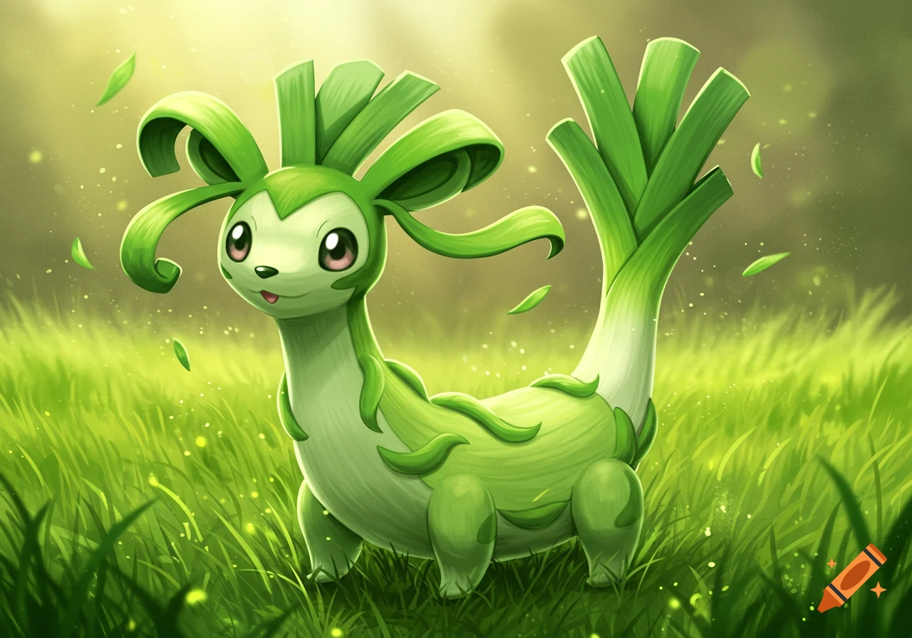 A fiery green and orange Pokémon-like creature stands in a sunny ...