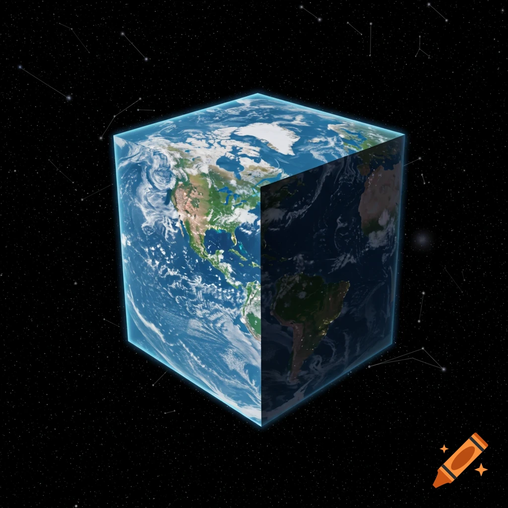 A photorealistic cube-shaped Earth in dark space, showing day over the ...